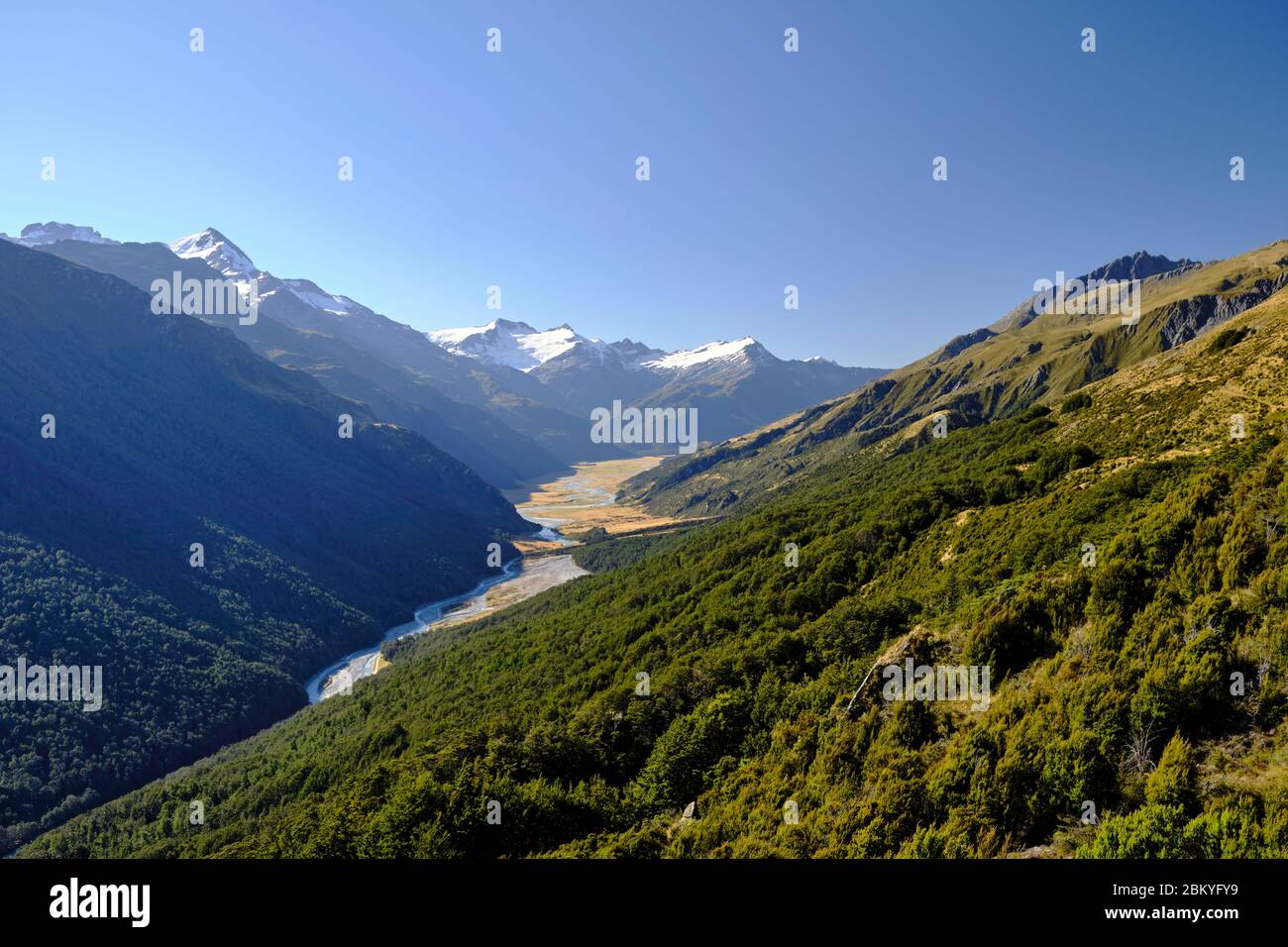 Views of the Rees valley from Invincible mine. Glenorchy Stock Photo ...