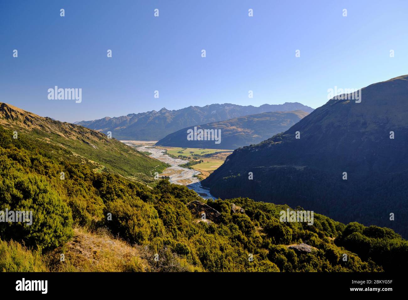Views of the Rees valley from Invincible mine. Glenorchy Stock Photo ...