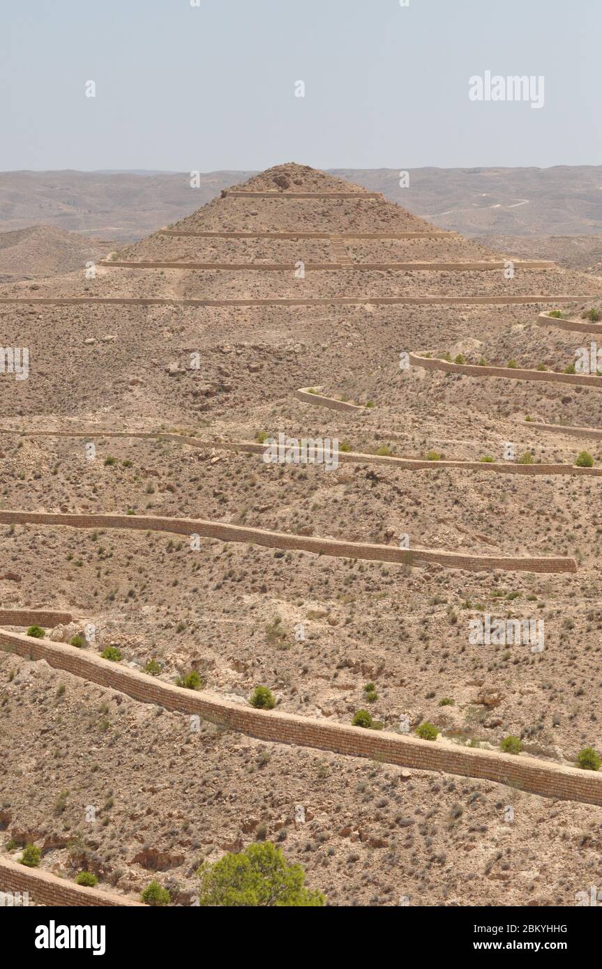 Around Matmata, desert hills. Pebble desert with poor vegetation Stock ...