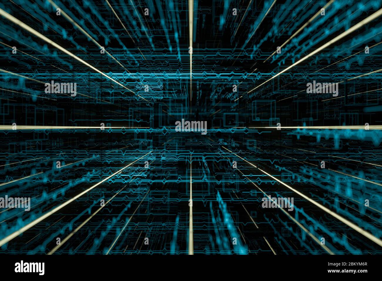 Glowing pulsating graphic lines, scientific background, 3d rendering. Computer digital drawing ...