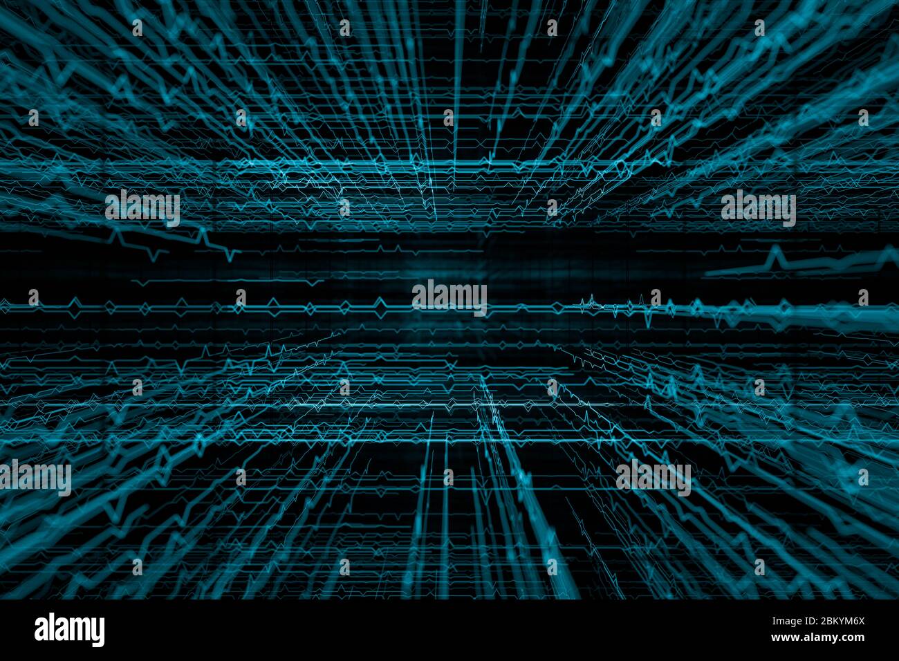 Glowing pulsating graphic lines, scientific background, 3d rendering. Computer digital drawing ...