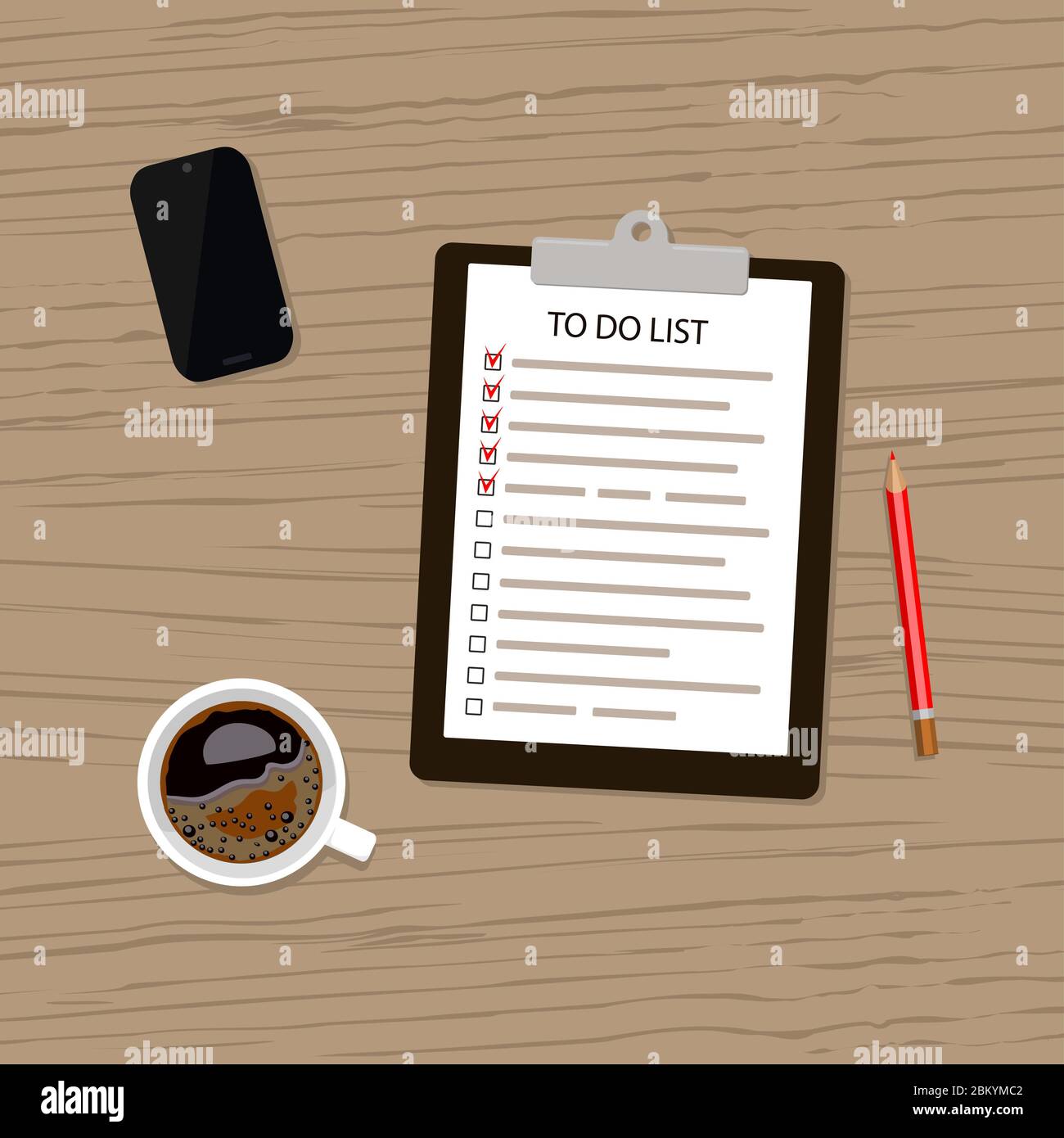 Clipboard with to-do list, pencil, coffee and smartphone. Vector ...