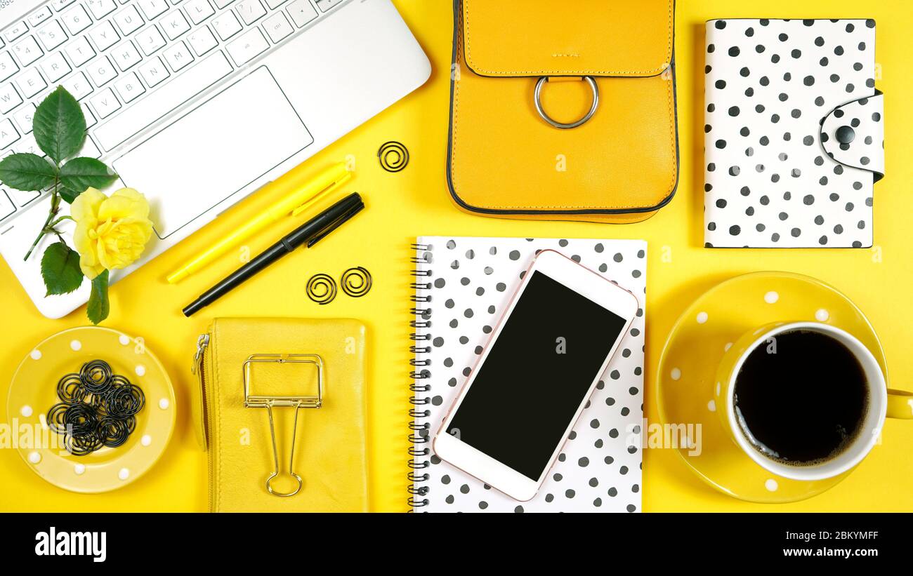 Desktop workspace flat lay with hi-tech touch screen laptop and modern ...