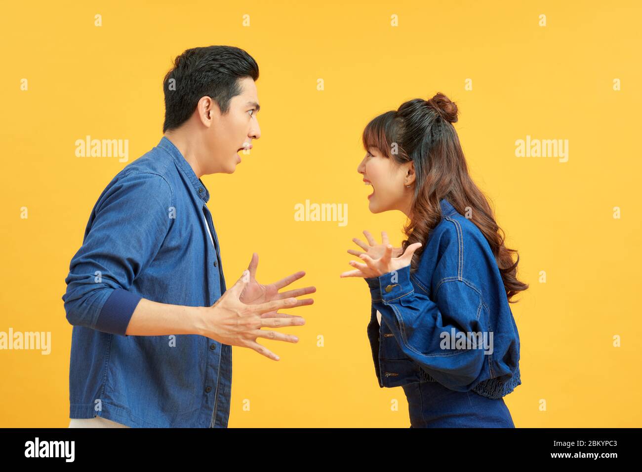 Profile side view portrait of two attractive angry aggressive nervous ...