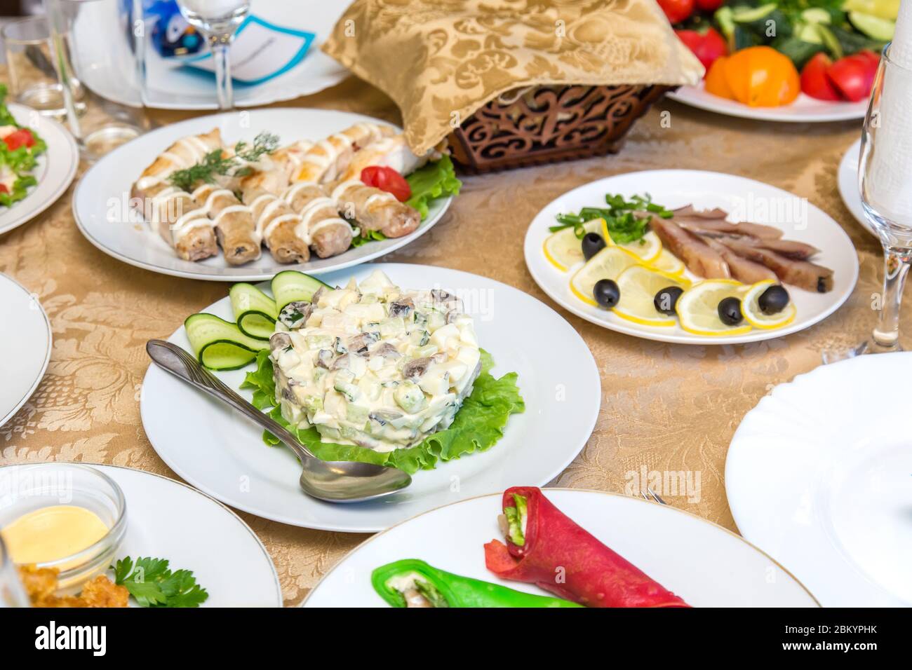 Dishes on a served banquet table in a restaurant Stock Photo - Alamy