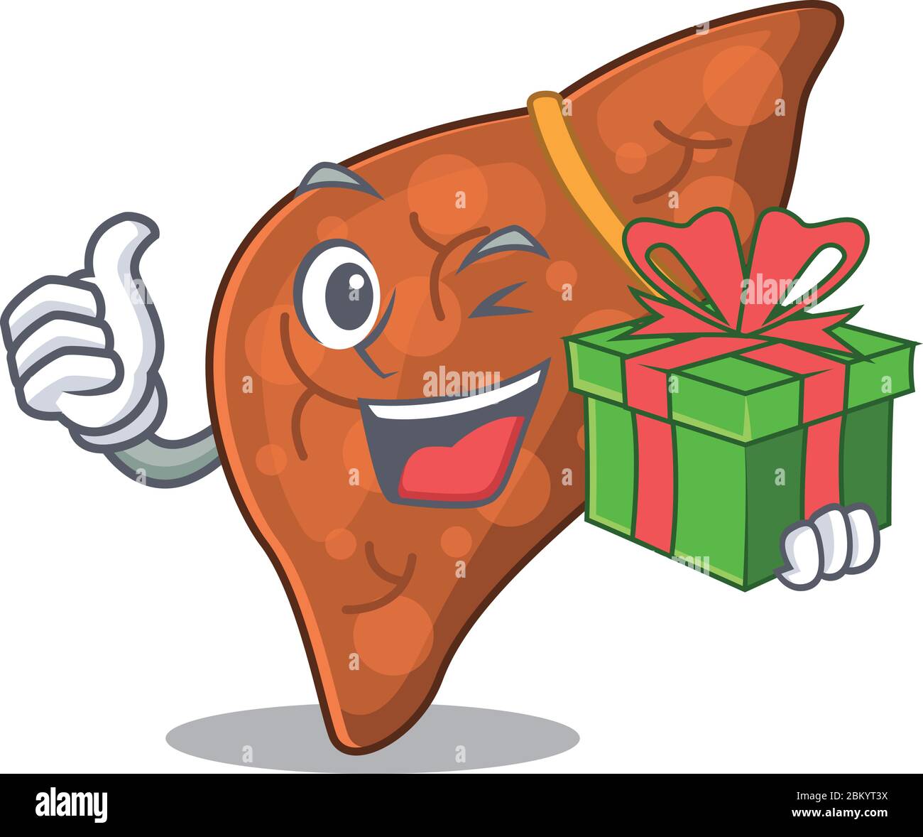 Smiling human fibrosis liver cartoon character having a green gift box ...