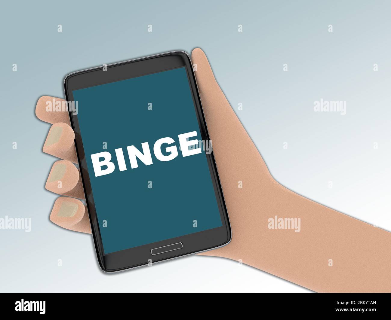 3D illustration of BINGE text on the screen of a cellulr phone held by ...