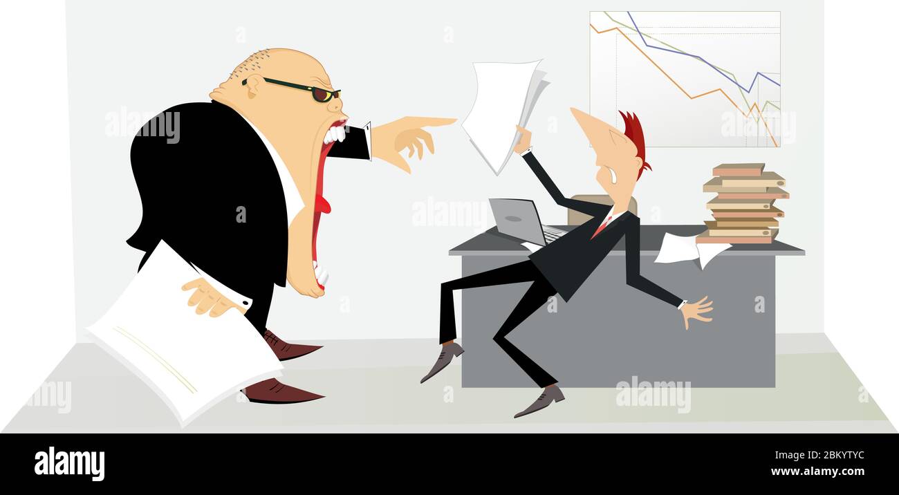Angry boss and employee man illustration. Angry chief scolds his ...