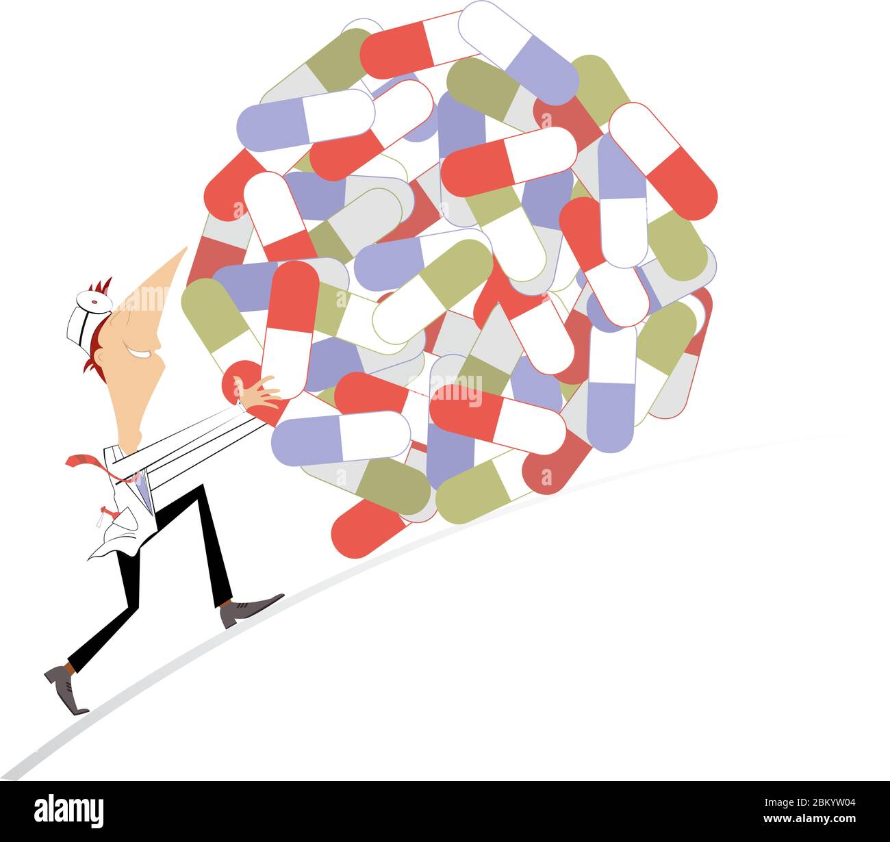 Funny doctor rolls downhill a big pile of pills concept illustration ...