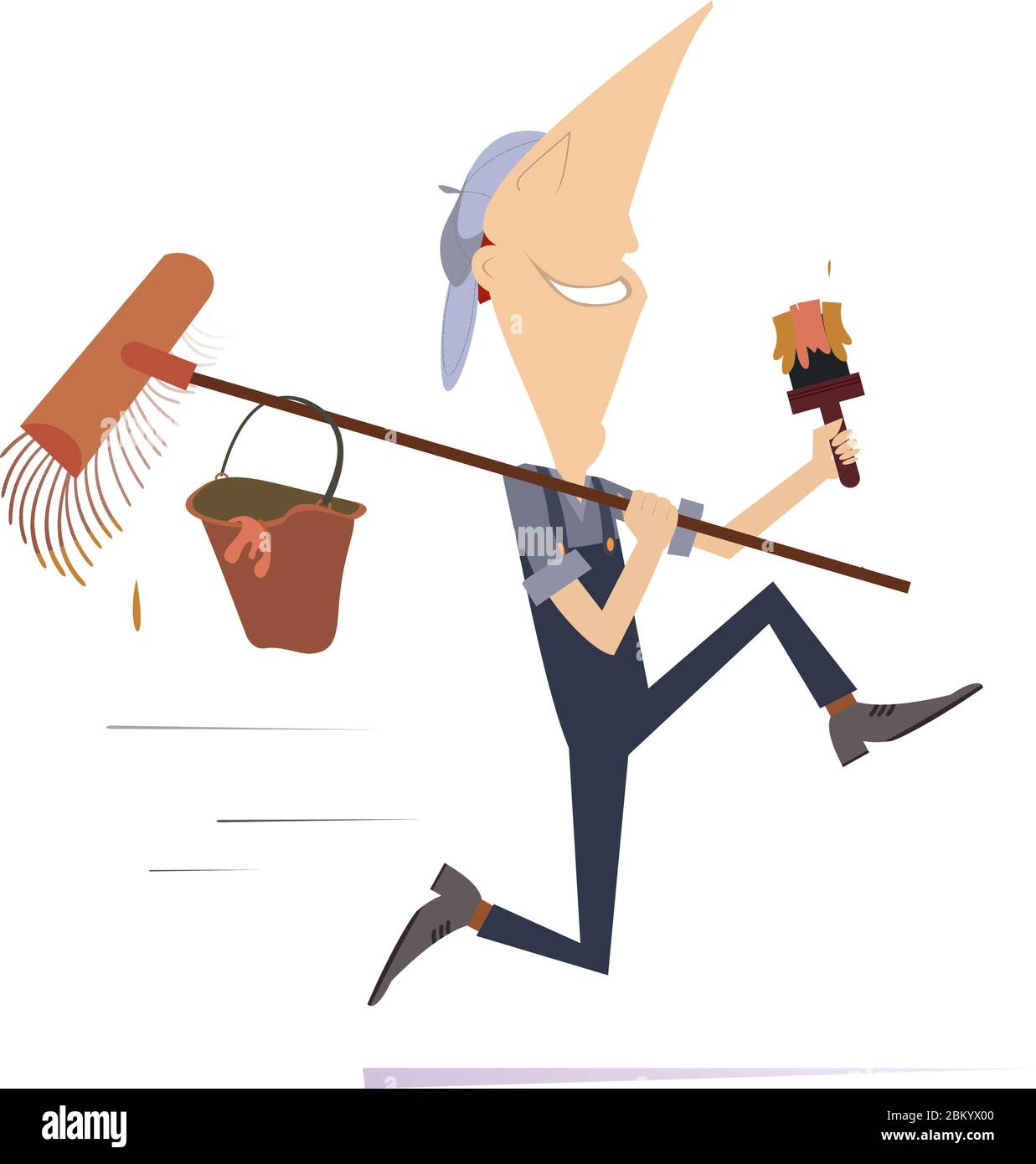 Cartoon running painter illustration. Hurry painter holds a brush and a ...