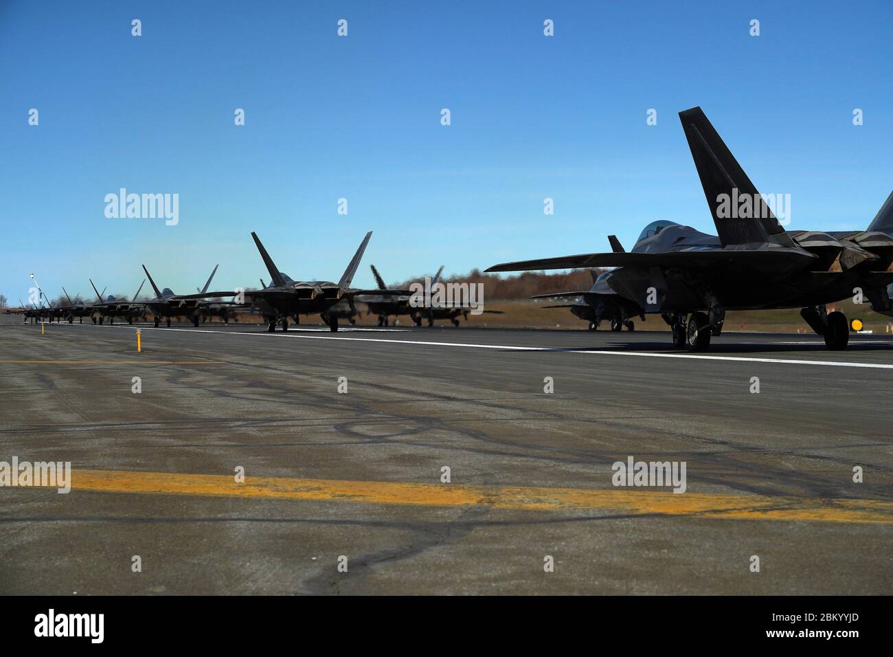U.S. Air Force F-22 Raptors form up during an elephant walk at Joint ...