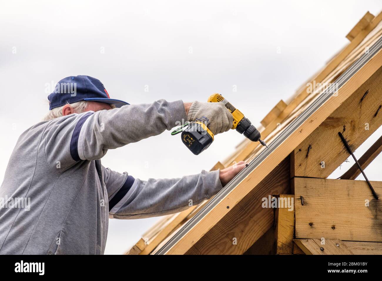 Senior Construction man using a screwdriver, fastens a roofing sheet to ...