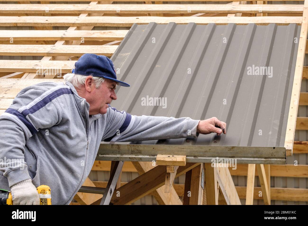 Senior Construction man using a screwdriver, fastens a roofing sheet to ...