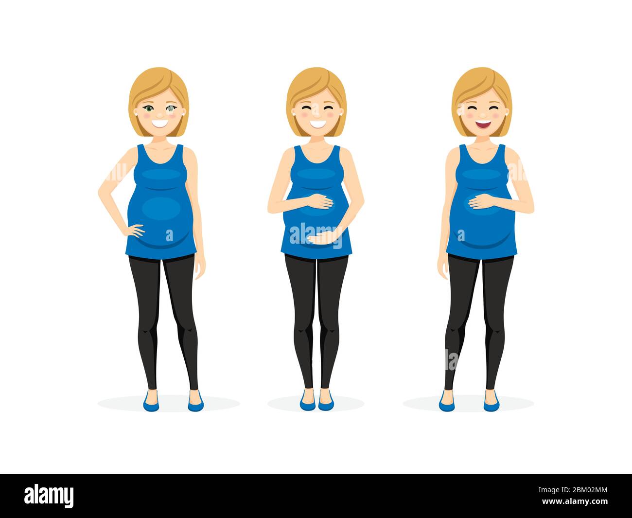 Happy pregnant woman in different poses. Isolated vector illustration ...