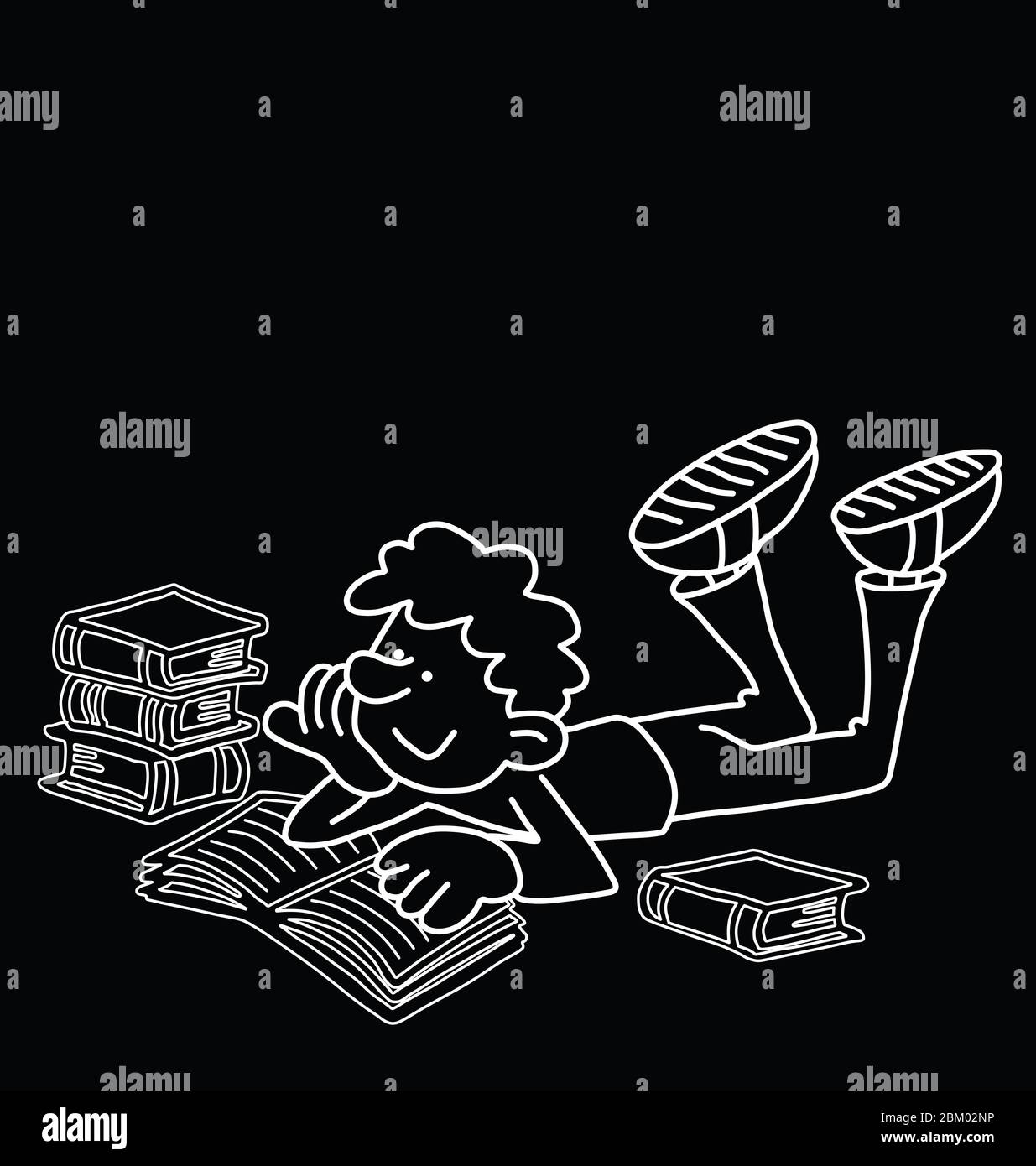 Monochrome outline cartoon boy reading a book isolated on white ...