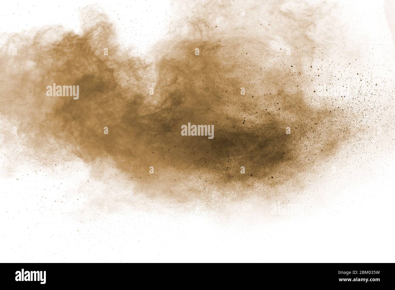Brown powder dust cloud.Brown particles splattered on white background ...