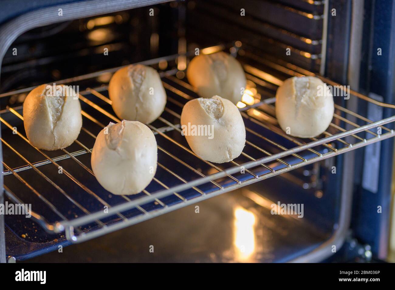 Batch of crispy homemade buns in the oven displayed on the wire shelf ...