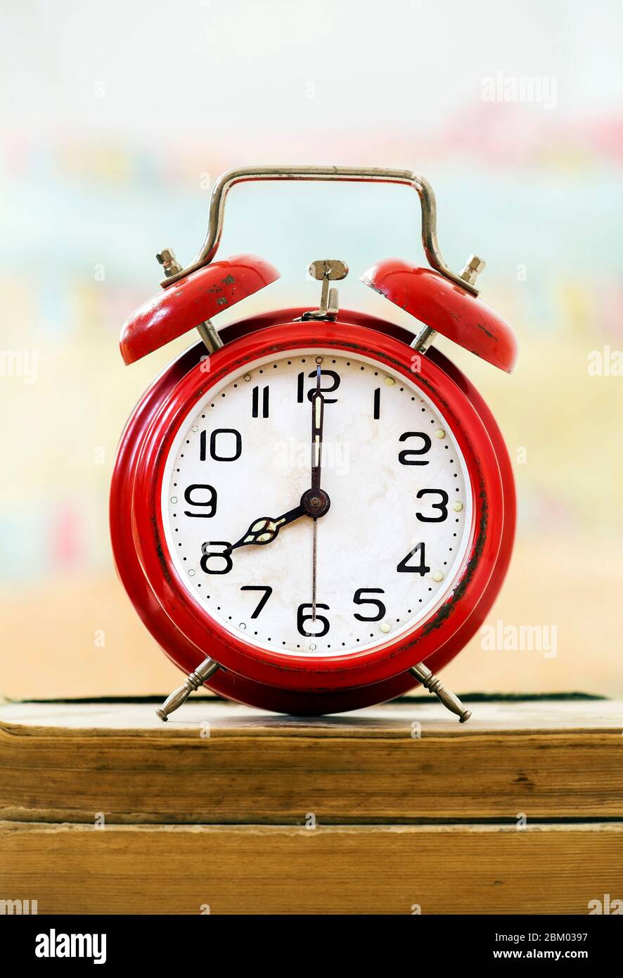 Good morning! Retro red alarm clock, time concept Stock Photo - Alamy