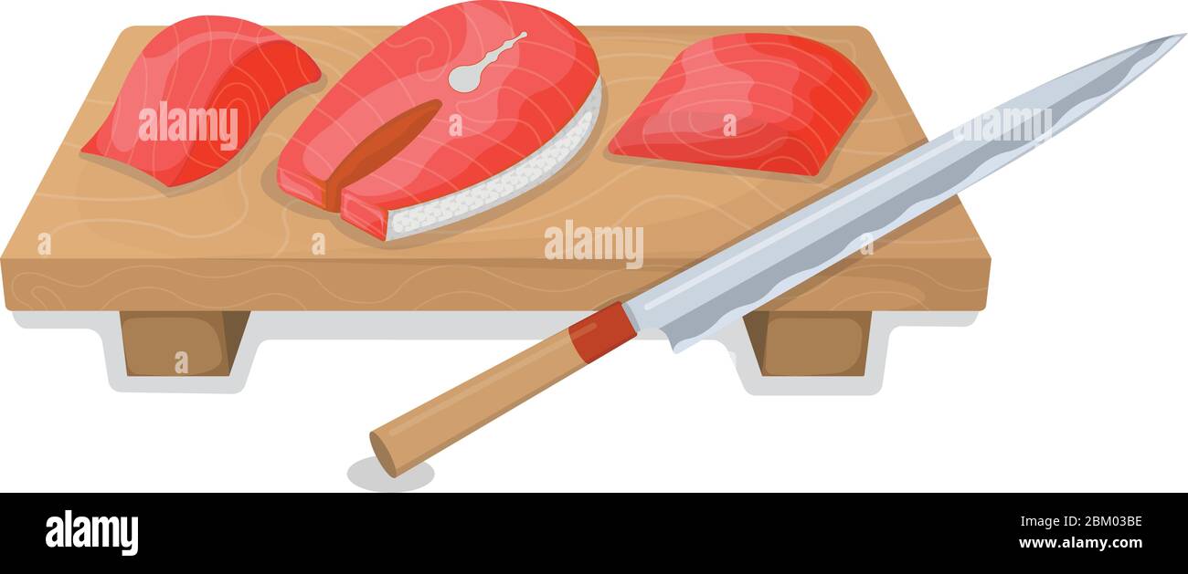 Cut up tuna fish roll and salmon minnow on wooden kitchen board concept ...