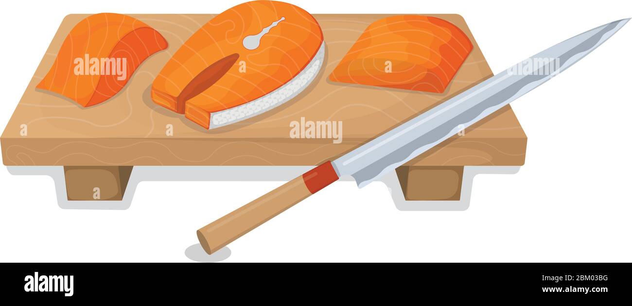 Cut up tuna fish roll and salmon minnow on wooden kitchen board concept ...