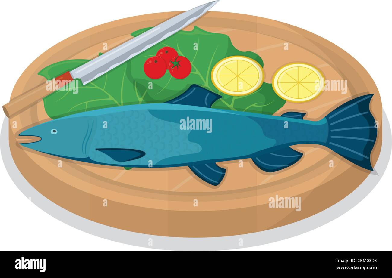 Cut up tuna fish roll and salmon minnow on wooden kitchen board concept ...