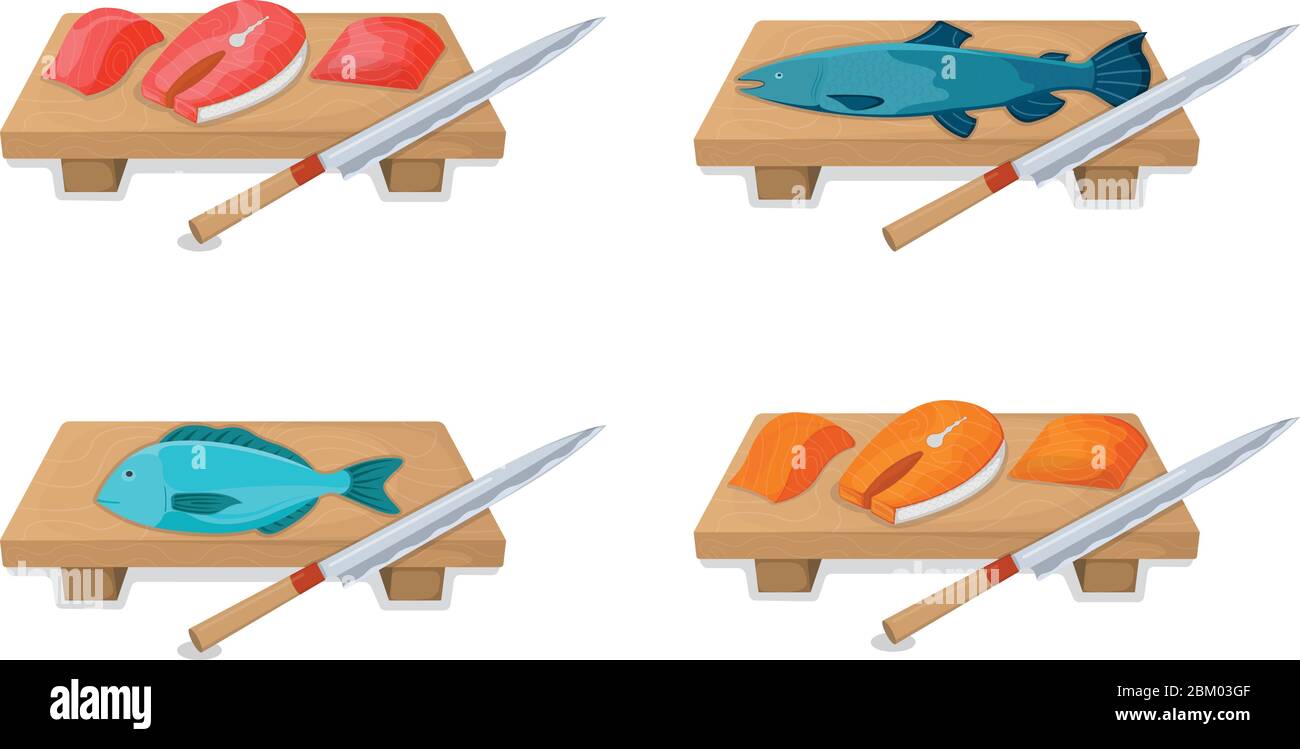 Cut up tuna fish roll and salmon minnow on wooden kitchen board concept ...