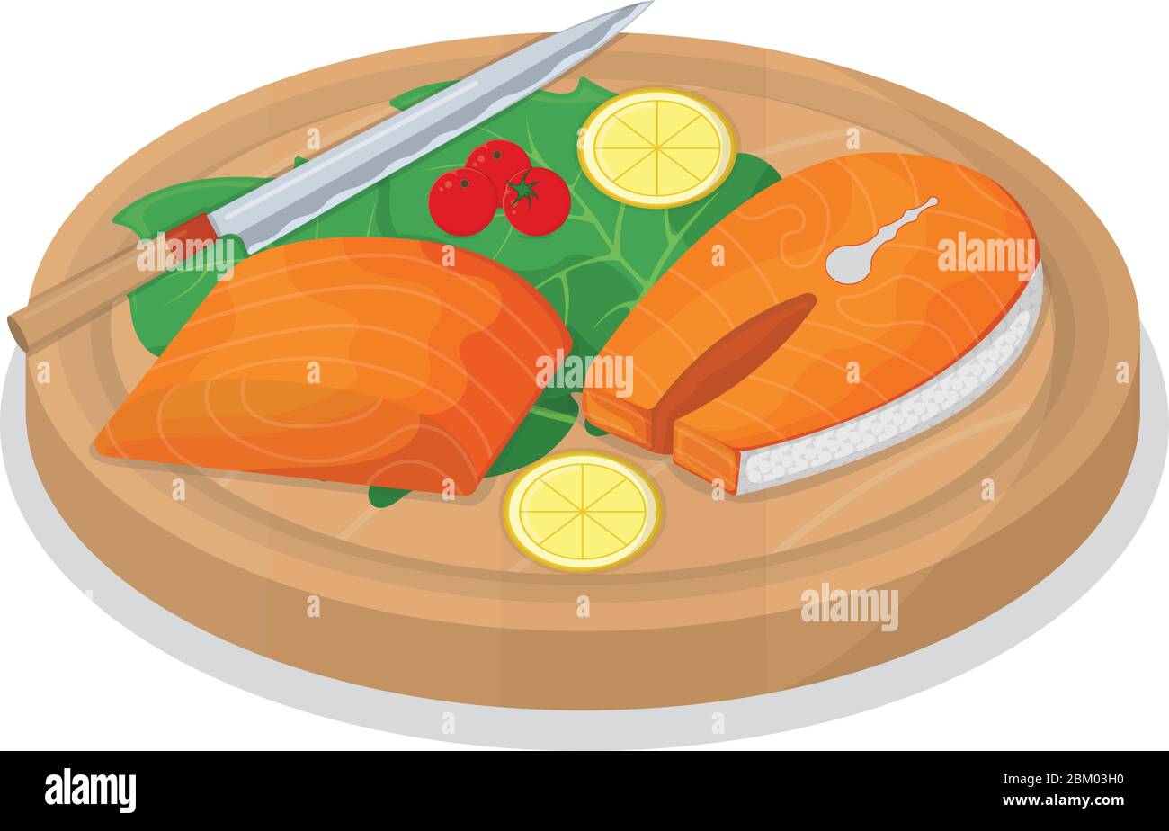 Cut up tuna fish roll and salmon minnow on wooden kitchen board concept ...