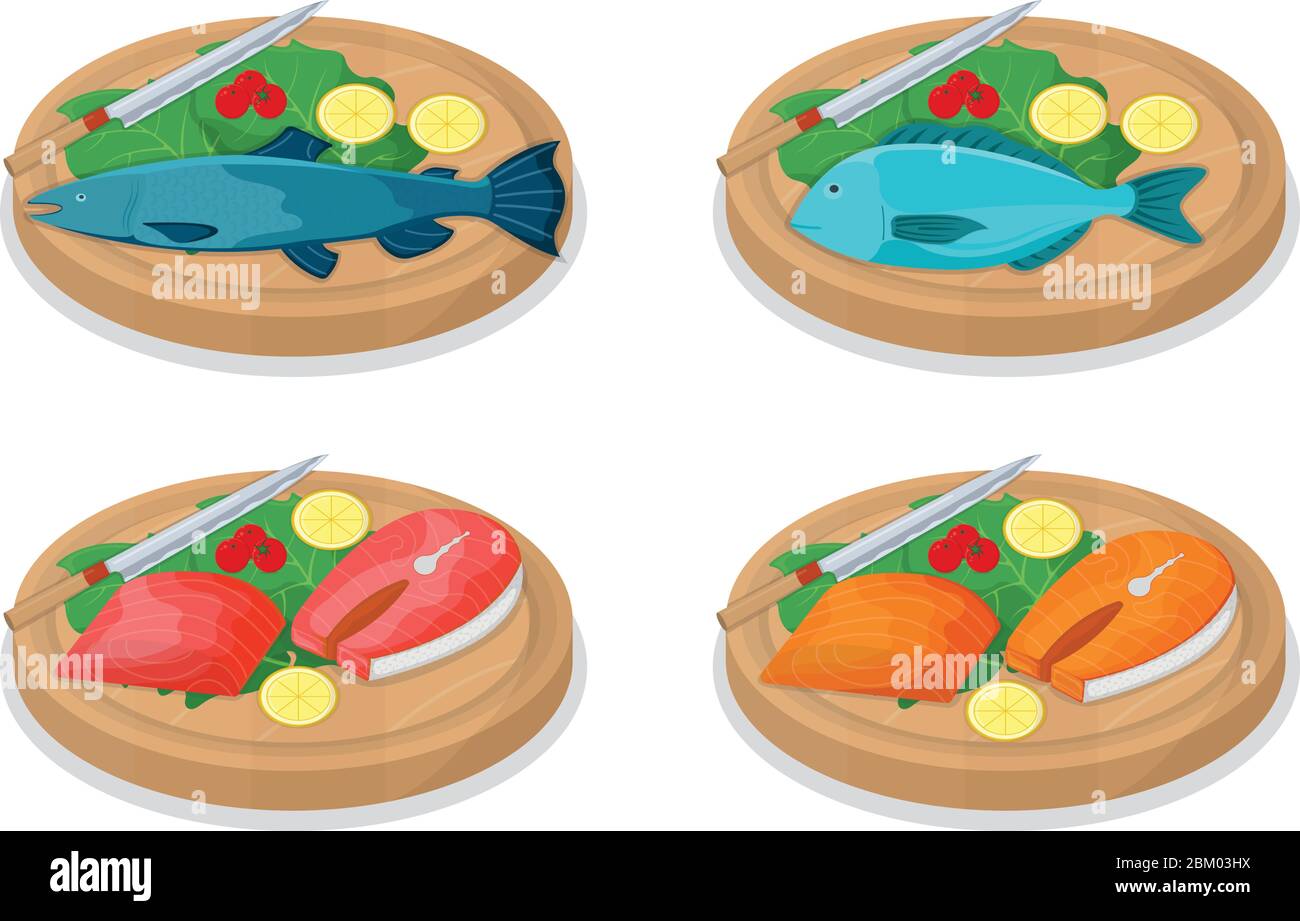 Cut up tuna fish roll and salmon minnow on wooden kitchen board concept ...