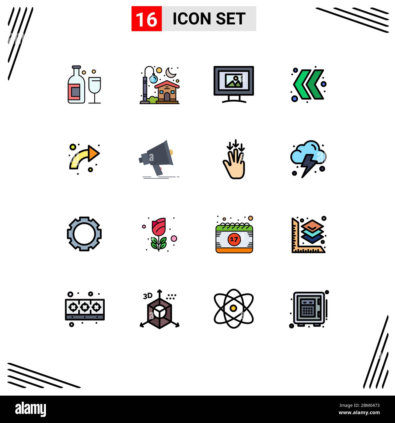 Pack of 16 creative Flat Color Filled Lines of right, arrows, monitor ...