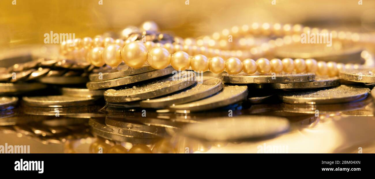 Luxury, wealth, woman shopping concept - web banner of gold money coins ...