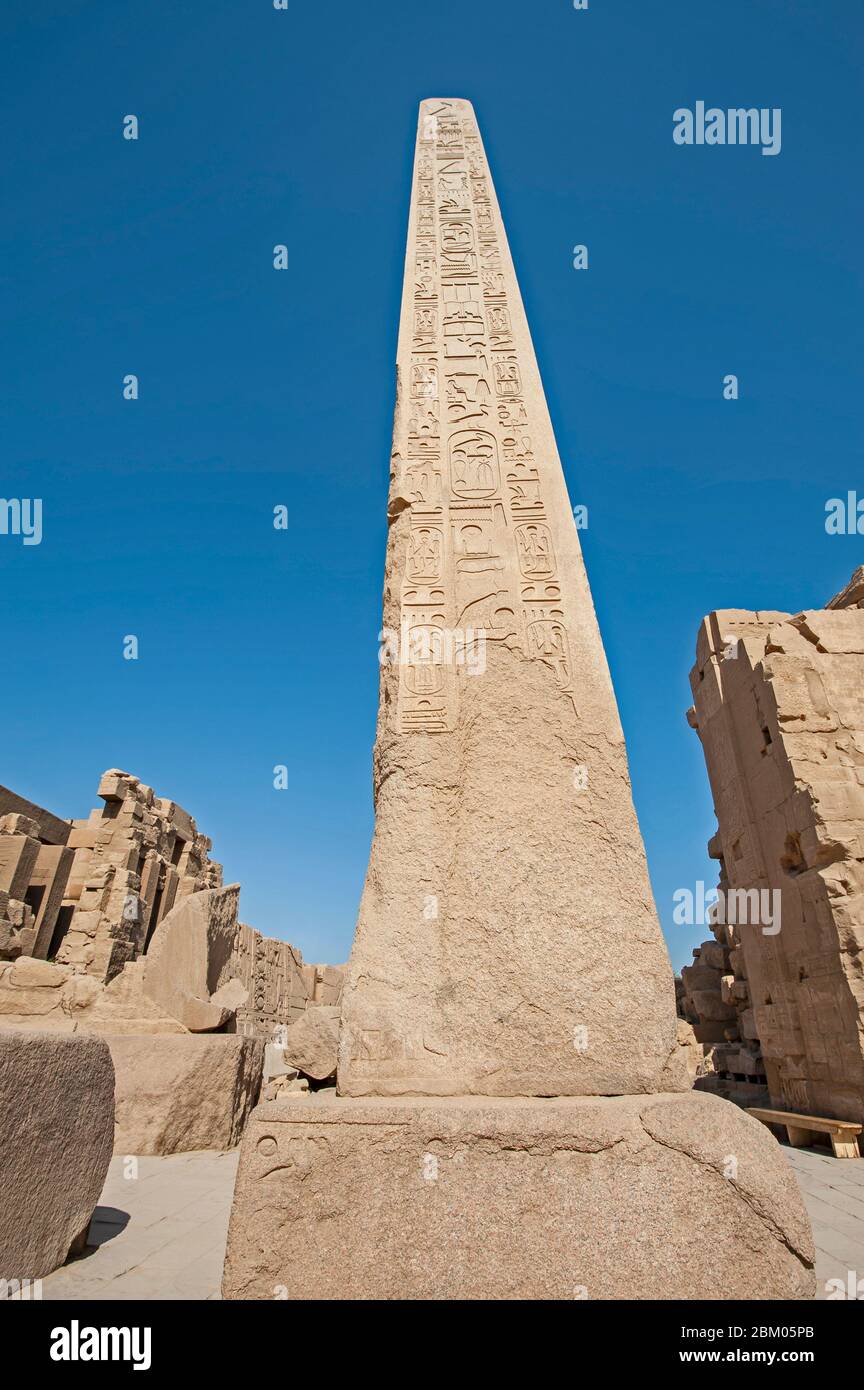 Large tall ancient egyptian obelisk at the temple of Karnak in Luxor with hieroglyphic carvings ...