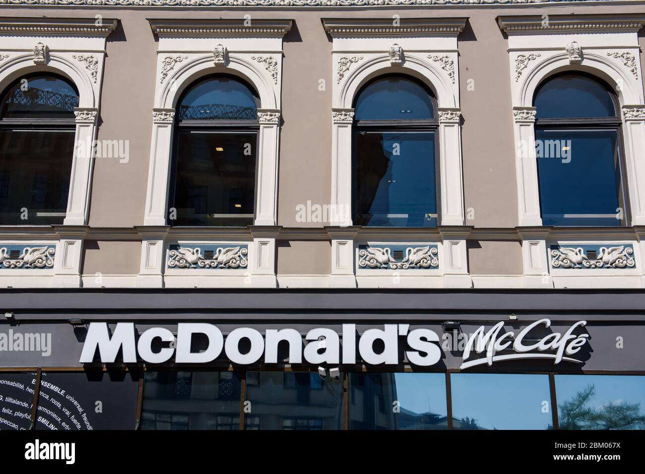 RIGA, LATVIA. 4th May 2020. RIGA; Logo of McDonald's company. McDonald ...