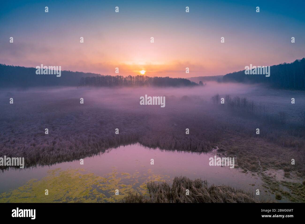 Early misty morning. Sunrise over countryside. Rural landscape in early ...