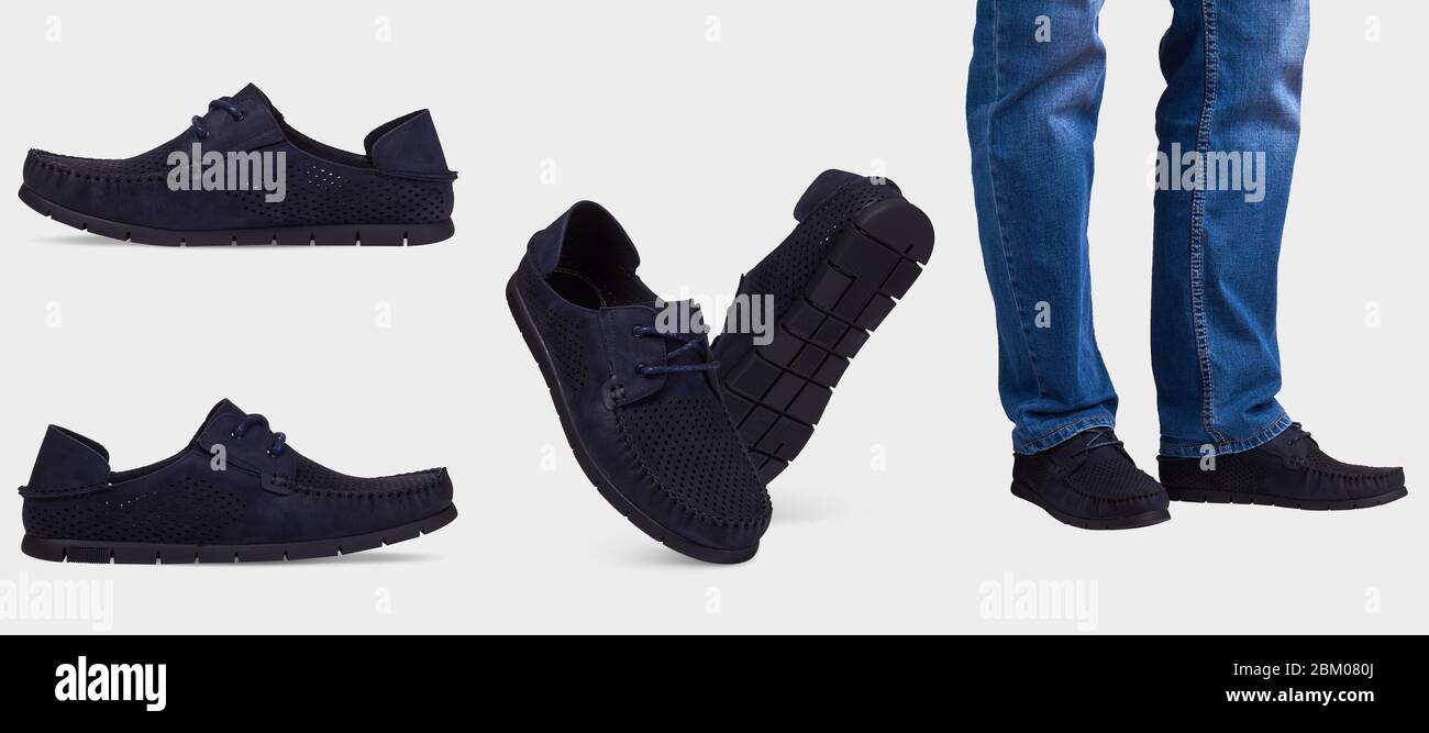 Men's suede blue summer shoes with perforation and elastic black sole ...