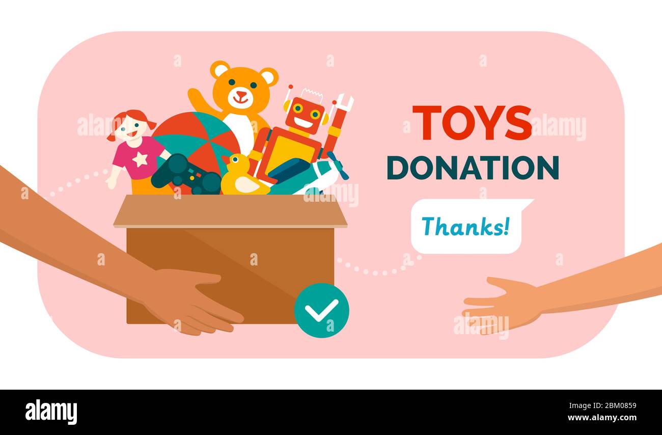 Charitable toys donation for kids: volunteer giving a donation box with ...