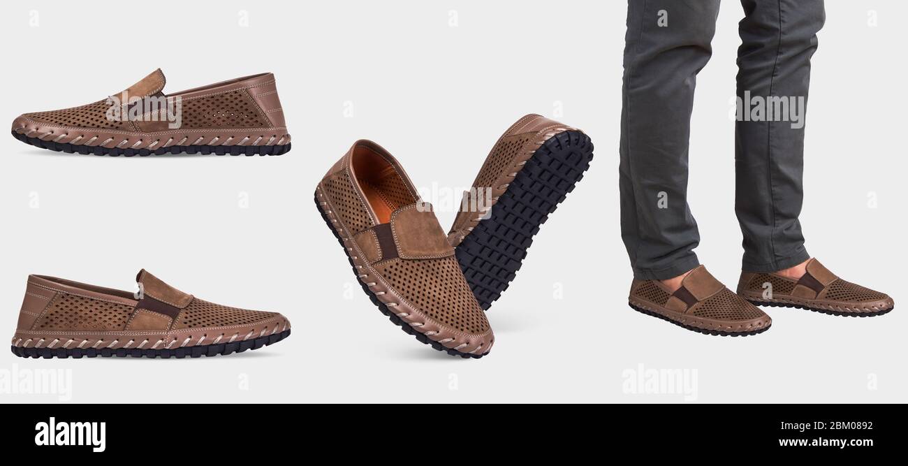 Men's summer loafers in brown with perforation and black elastic sole ...