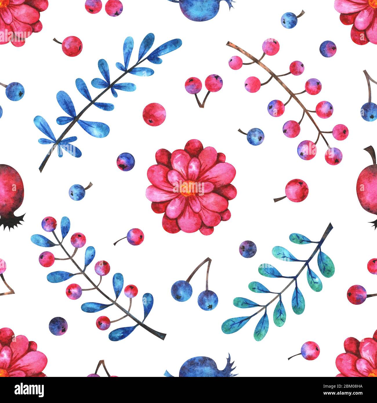 Hand drawn watercolor seamless pattern with floral elements on white ...