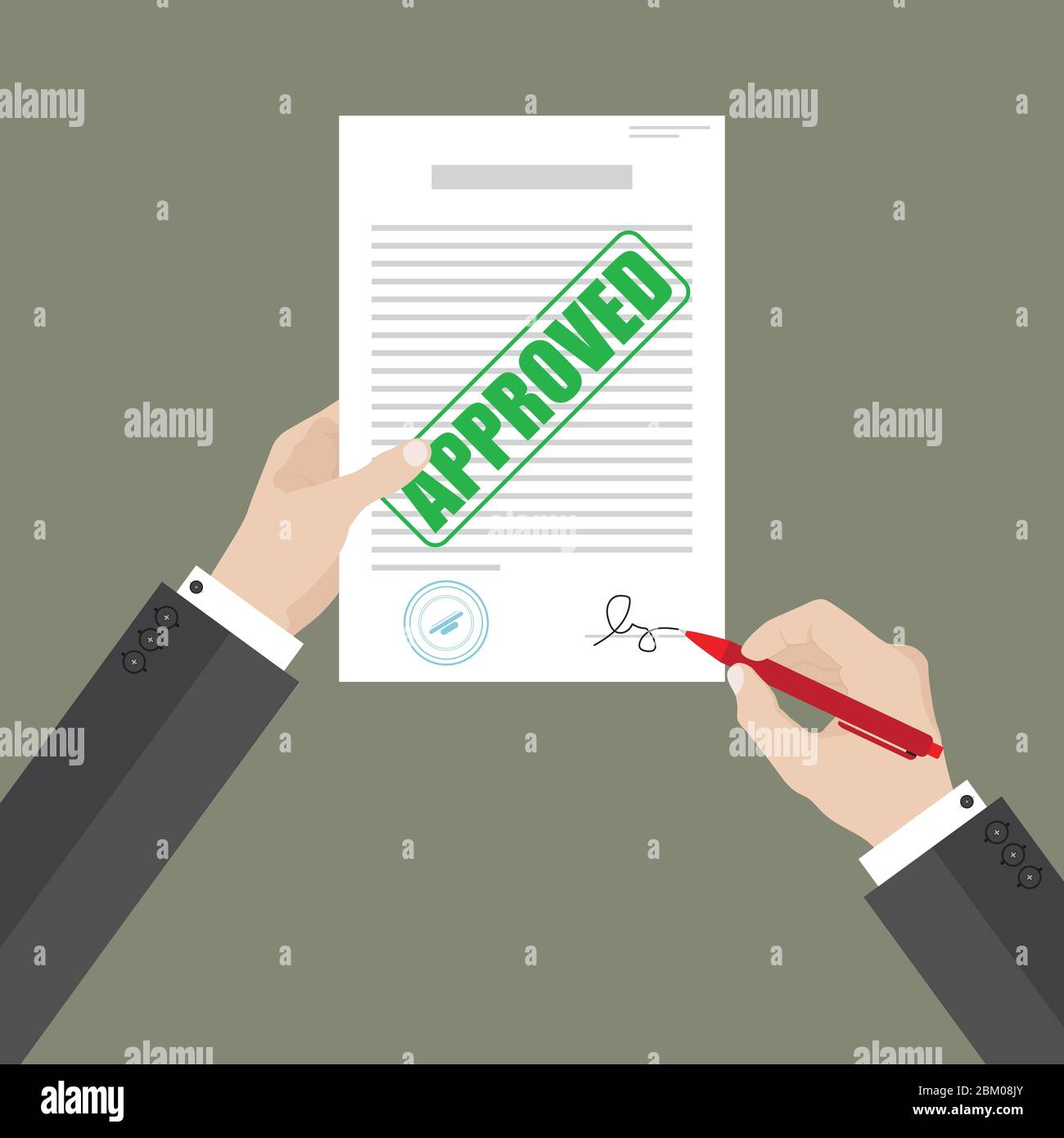 Businessman hold approved document with left hand and sign it with ...