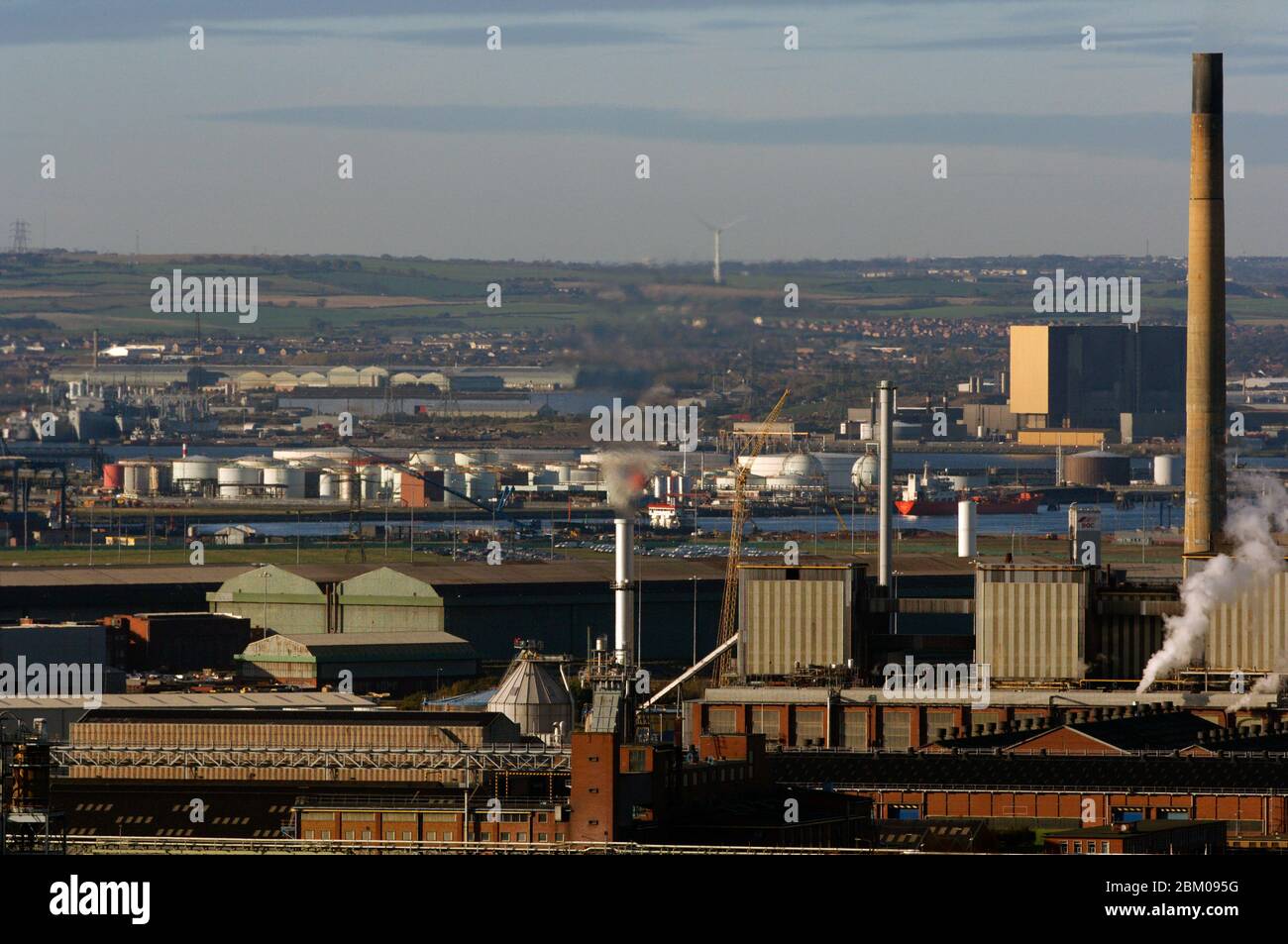 Industrial area Teesside; showing oil refinery; docks; containers ...
