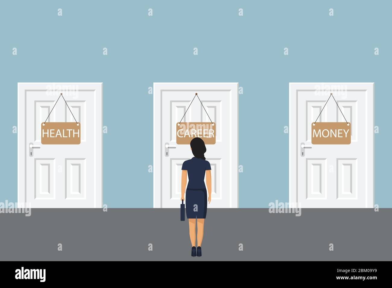 Choice way concept. Woman stading in front of two closed doors. Decide ...