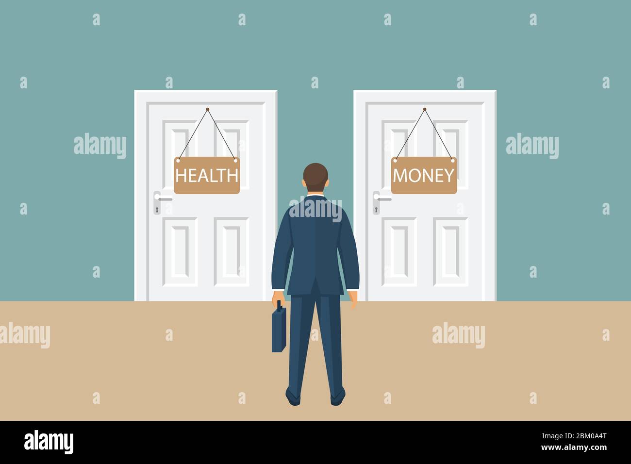 Choice way concept. Man stading in front of two closed doors. Decide ...