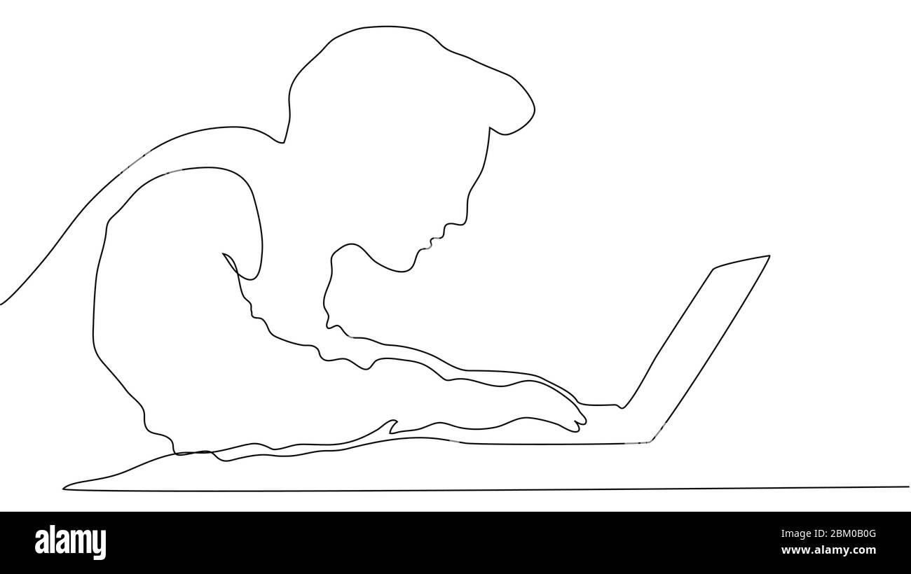 businessman working on laptop computer - single line drawing Stock ...