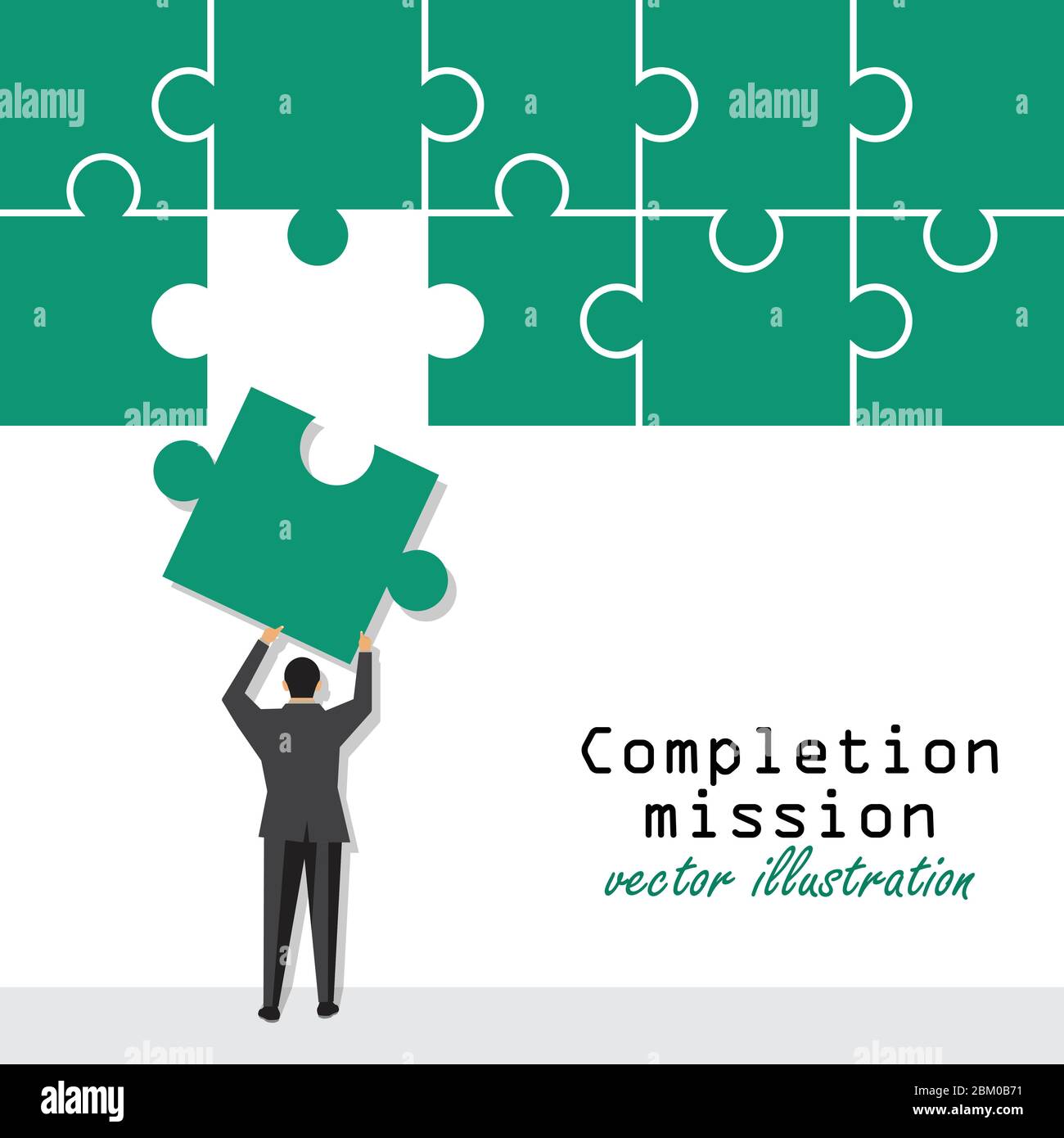 Completion mission concept. Businessman putting last puzzle in jigsaw ...
