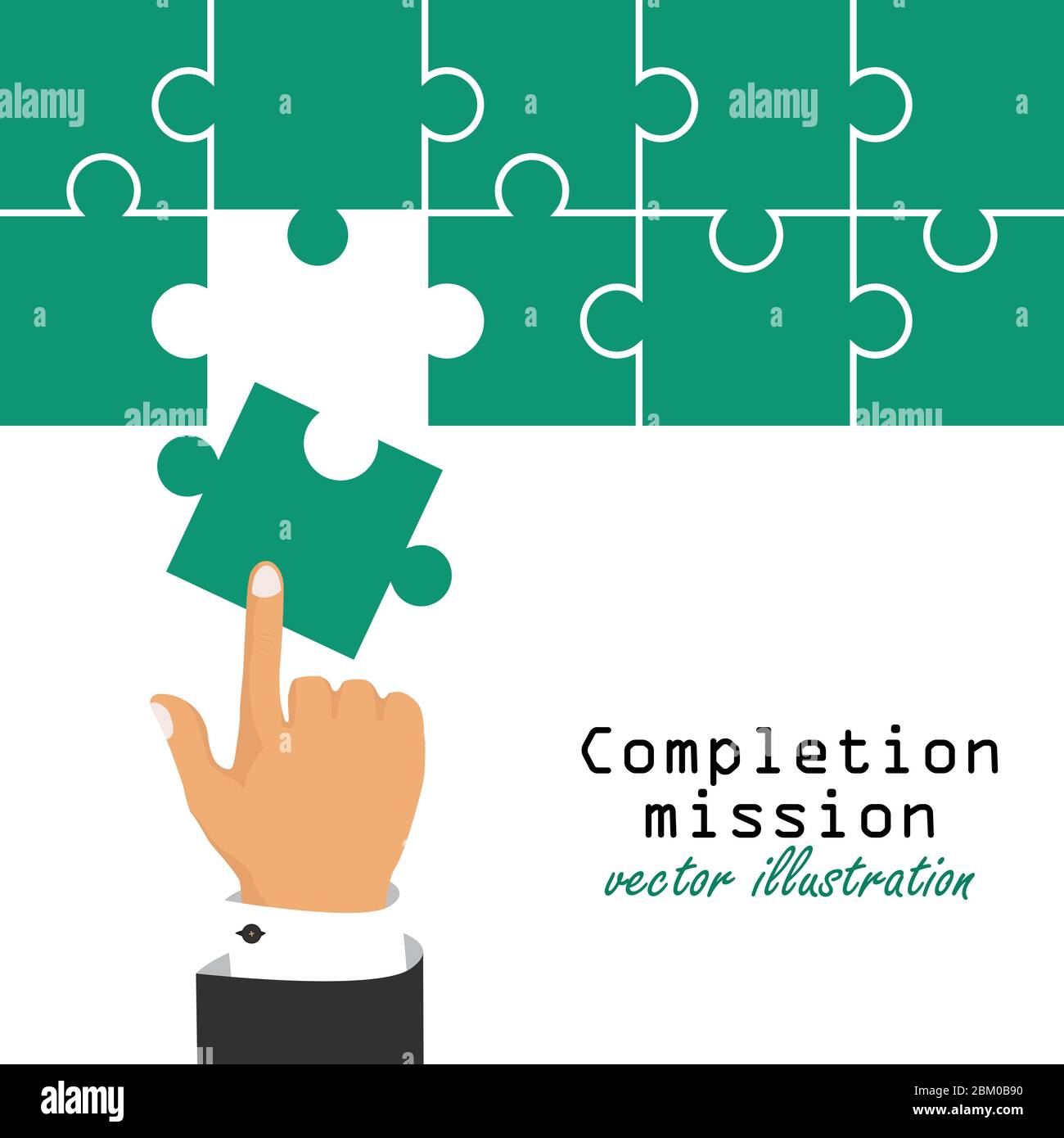 Completion mission concept. Businessman putting last puzzle in jigsaw ...