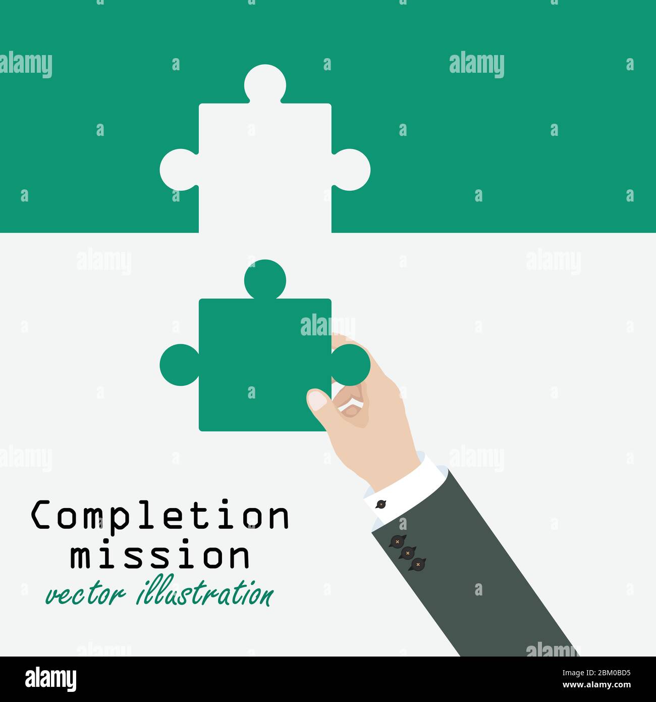 Completion mission concept. Businessman putting last puzzle in jigsaw ...