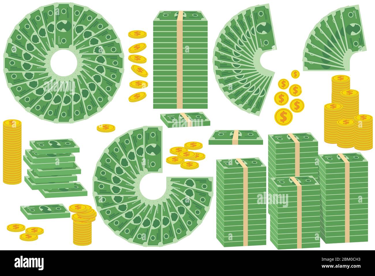 Collection of dollar coins and banknotes, money currency, cartoon money ...