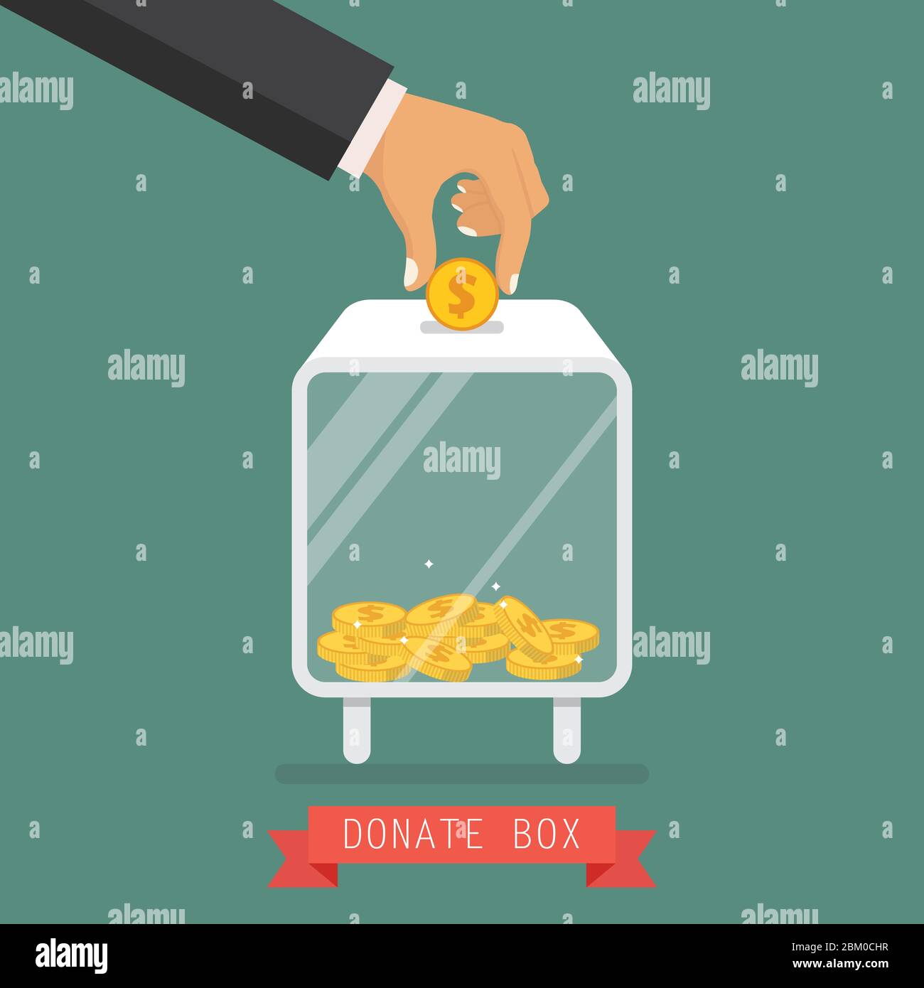 Donation box concept. Hand insert coin into donate box. Vector ...