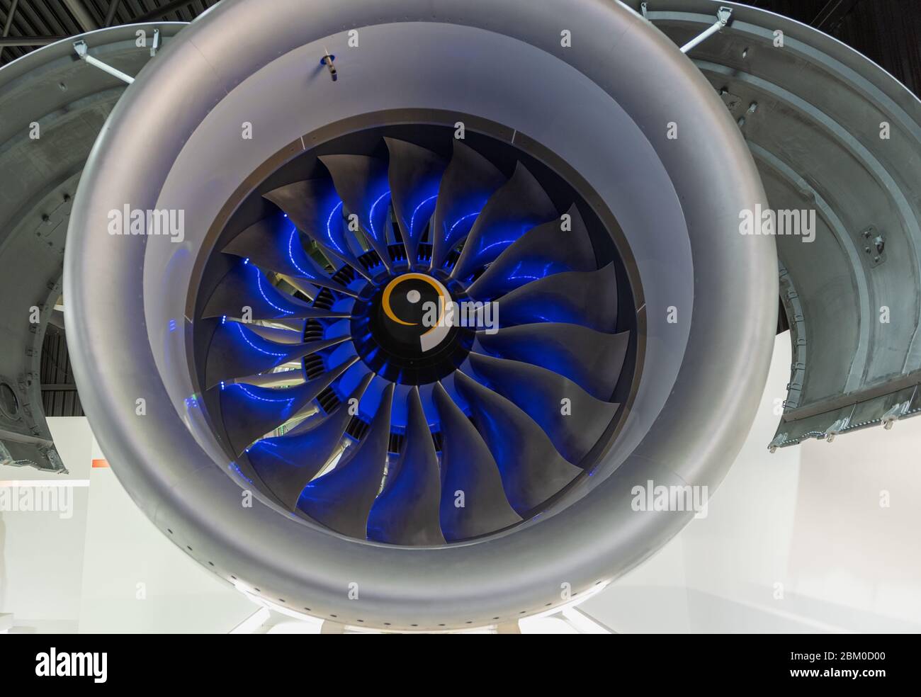 Fan of a civil turbofan aircraft engine in the exhibition hall Stock ...