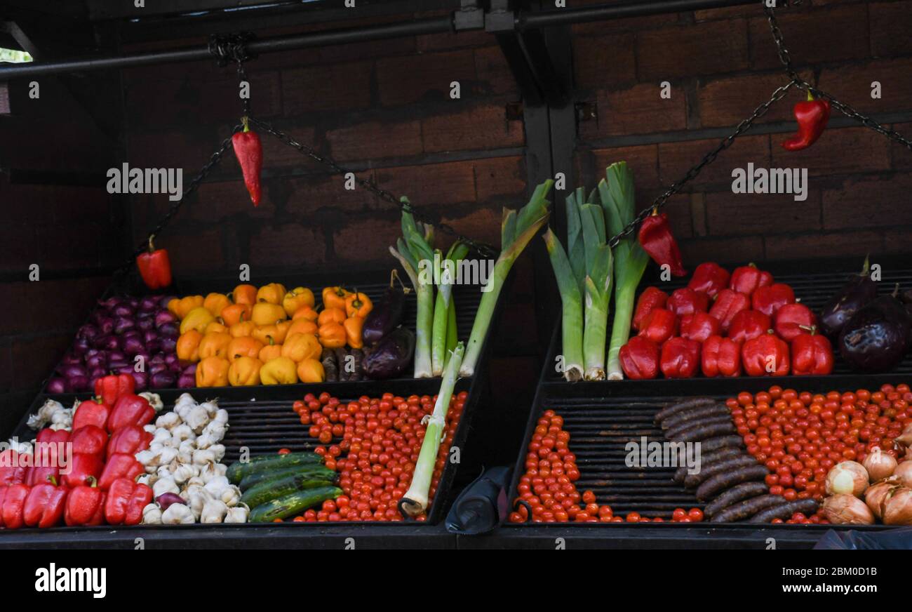Vegetables at a farmers market. Food stall with fresh agricultural ...