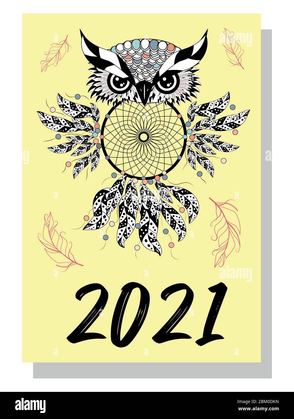 Colorful cute monthly boho calendar 2021 with dream catchers, boho owls ...